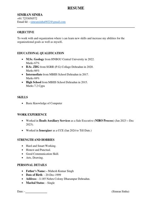 Resume Simran Sinha Pdf