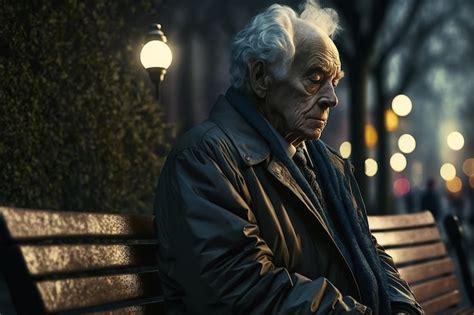 Premium Photo Elderly Lonely Sad Man Is Sitting On A Park Bench In Evening Generative Ai