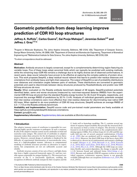 Pdf Geometric Potentials From Deep Learning Improve Prediction Of Cdr H3 Loop Structures