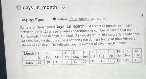 solved write a function named days in month that accepts a