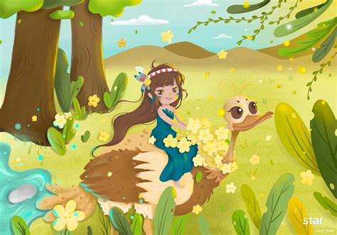 骑鸵鸟的少女风格插画设计作品 设计人才灵活用工 设计dna