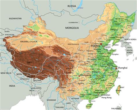 High Detailed China Physical Map With Labeling Stock Vector