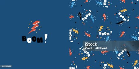 삼각형과 함께 단어와 번개 볼트붐 티셔츠 프린트 디자인과 키즈 패션을 위한 매끄러운 패턴 낙서 썬더볼트와 기하학적 벡터 블루