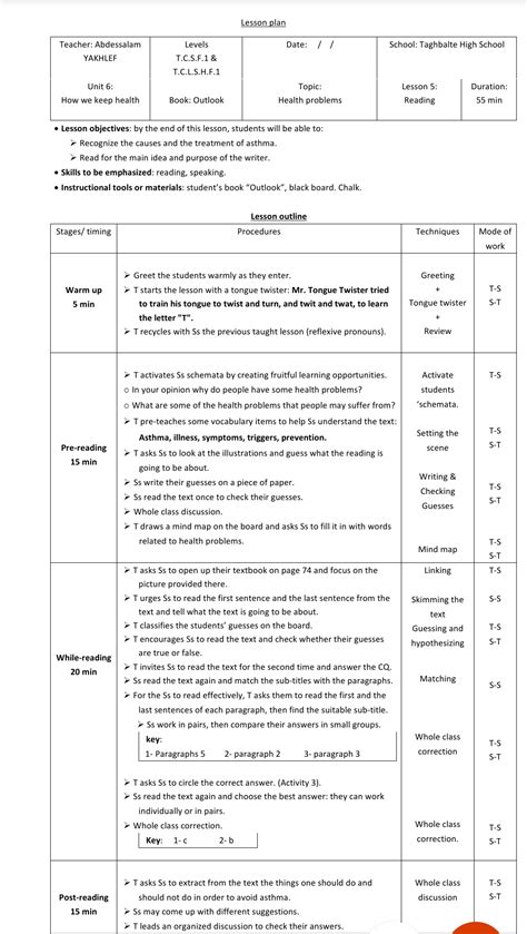 Health Problems Reading Outlook Lesson Plan