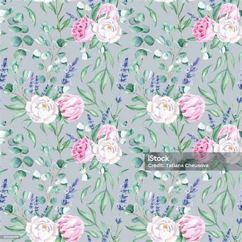 회색 배경에 흰색과 분홍색 모란 유칼립투스 라벤더 가지가 있는 매끄러운 수채화 패턴 웨딩 프린트 선물 포장지 주방 섬유 및 패브릭 프린트에 사용할 수 있습니다 결혼식에 대한