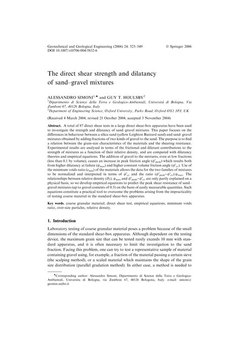 Pdf The Direct Shear Strength And Dilatancy Of Sandgravel Mixtures