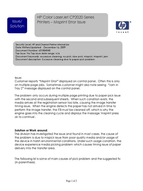 Hp Color Laserjet Cp2020 Series Printers Misprint Error Issue Pdf Nature