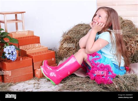 Beautiful Small Girl In Petty Skirt On Country Style Background Stock