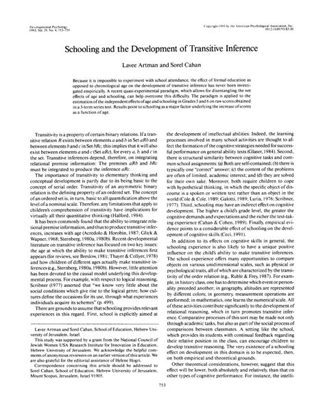 Pdf Schooling And The Development Of Transitive Inference