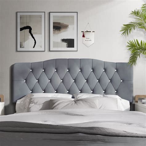Castle Place Upholstered Tufted Headboard Light Grey Velvet Queen