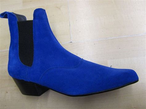 Mens Blue Suede Chelsea Beat Boots Cuban Heel Beatle More Boots