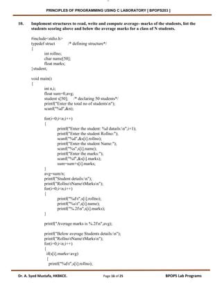 BPOPS203 PRINCIPLES OF PROGRAMMING USING C LAB Manual Pdf