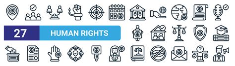 자리 표시자 지원 평등 세계 가족 선언문 법률 서적 웹 디자인 모바일 앱을위한 행동주의 벡터 얇은 선 아이콘과 같은 27 개의 개요 웹 인권 아이콘 세트 가족에 대한 스톡