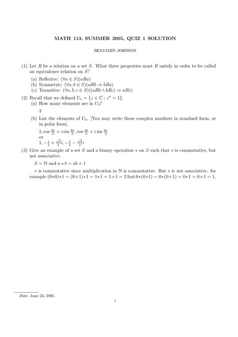 Introduction To Abstract Algebra Quiz 1 With Solutions Math 113 Quizzes Abstract Algebra