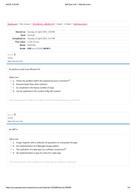 Self Quiz Unit 1 Attempt Review Started On Tuesday 11 April 2023 330 Pm State Finished