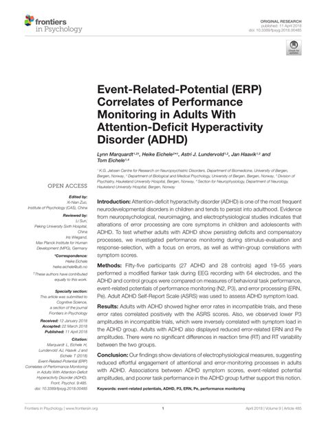 Pdf Event Related Potential Erp Correlates Of Performance Monitoring In Adults With