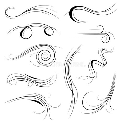 Set Black Collection Simple Line Winds Gust Squall Curl Doodle Outline Nature Element Vector