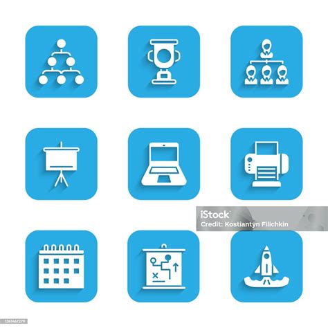 랩톱 계획 전략 개념 로켓 프린터 캘린더 칠판 계층 구조 오르간차트 및 아이콘을 설정합니다 벡터 건축물에 대한 스톡 벡터 아트 및 기타 이미지 Istock