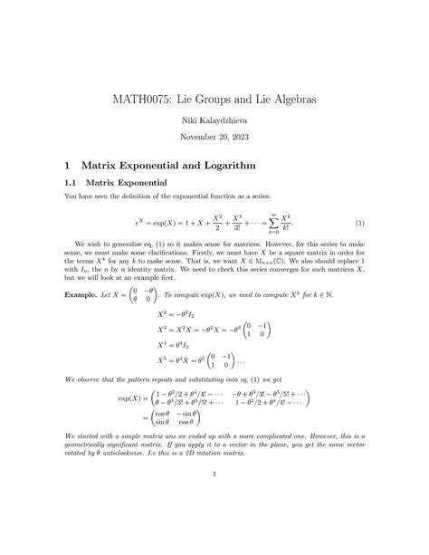 Math0075 Lecture Notes Math0075 Lie Groups And Lie Algebras Niki