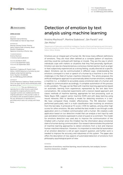 PDF Detection Of Emotion By Text Analysis Using Machine Learning