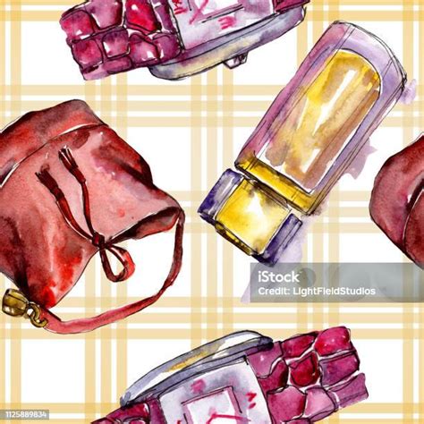 Parfume 시계 신발 가방 수채화 스타일에서 패션 매력적인 그림을 스케치합니다 해당 완벽 한 패턴입니다 개인 장식품에 대한 스톡 벡터 아트 및 기타 이미지 Istock