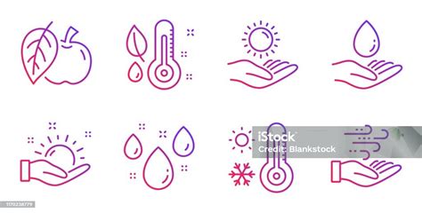 물 관리 비오는 날씨와 화창한 날씨 아이콘 세트 태양 보호 사과와 온도계 표지판 벡터 0명에 대한 스톡 벡터 아트 및 기타 이미지 Istock