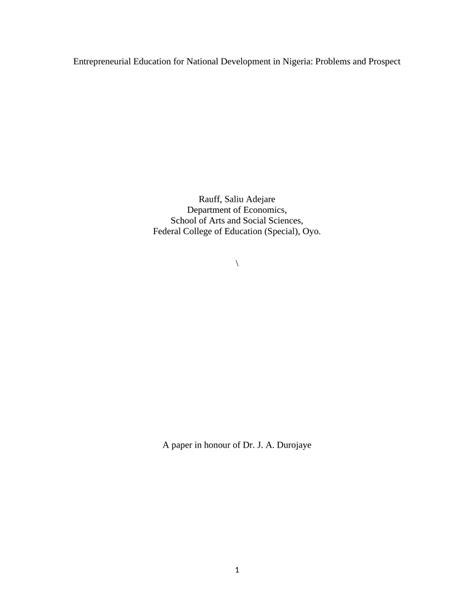 Pdf Entrepreneurial Education For National Development In Nigeria