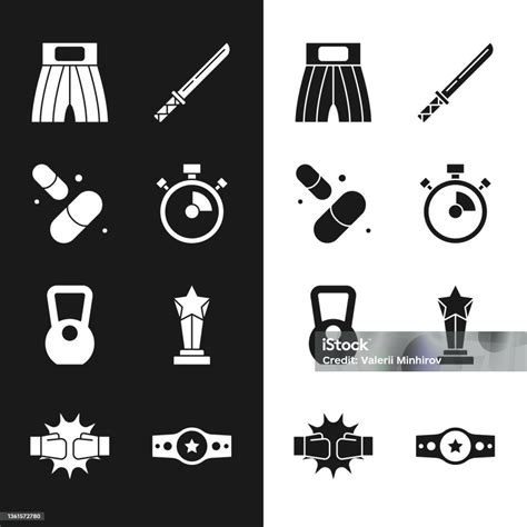 세트 스톱워치 비타민 알약 복싱 쇼트 일본 카타나 케틀벨 어워드 컵 벨트 펀치 복싱 장갑 아이콘 벡터 Championship에 대한 스톡 벡터 아트 및 기타 이미지 Istock