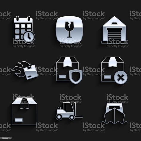 방패 지게차 트럭 화물선 상자 배달 판지 판지 창고 및 골판지 달력 아이콘으로 배달 보안을 설정합니다 벡터 건축하기에 대한 스톡 벡터 아트 및 기타 이미지 Istock