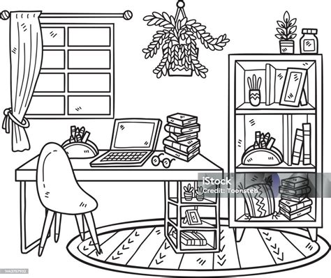 책장과 창문 인테리어 룸 그림이 있는 손으로 그린 작업 책상 가구에 대한 스톡 벡터 아트 및 기타 이미지 가구 거실 디자인 Istock