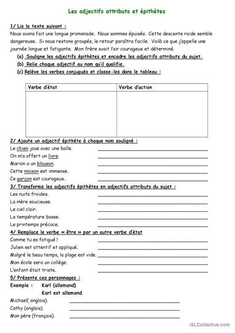 Les adjectifs attributs et épithètes Français FLE fiches pedagogiques