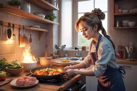 A Girl Cooking Dinner On The Kitchen Premium Ai Generated Image
