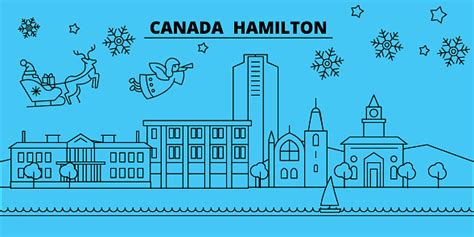 캐나다 해밀턴 겨울 휴일 스카이 라인입니다 메리 크리스마스 해피 뉴가 어 장식 산타 Clauscanada 해밀턴 선형 크리스마스 도시 벡터 평면 일러스트와 배너 0명에 대한