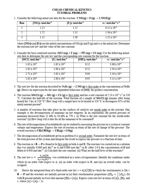 Tutorial Sheet On Chemical Kinetics Pdf Reaction Rate Process Engineering