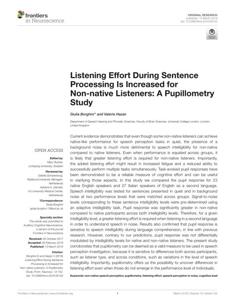 Pdf Listening Effort During Sentence Processing Is Increased For Non Native Listeners A