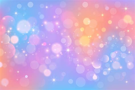별과 Bokeh가 있는 반짝이는 유니콘 배경 마법의 빛과 귀여운 거품이 있는 파스텔 무지개 판타지 하늘 반짝임과 요정 그라데이션이 있는 카와이 꿈꾸는 공간 벡터 꿈꾸는