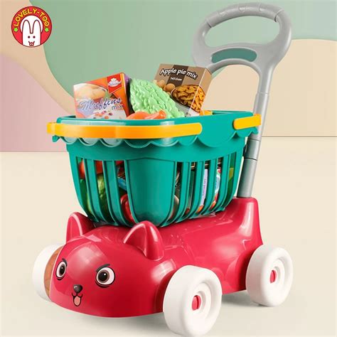 어린이 대형 슈퍼마켓 쇼핑 카트 트롤리 푸시 자동차 장난감 바구니 시뮬레이션 주방 과일 음식 가상 놀이 집 여아 장난감식료품류 Aliexpress
