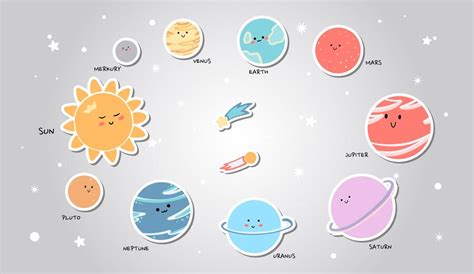귀여운 만화 행성이 있는 태양계 아이들을 위한 재미있는 우주 태양 명왕성 화성 수은 지구 금성 목성 토성 천왕성 해왕성 손으로 그린 디자인 인쇄 포스터 벡터 일러스트 레이