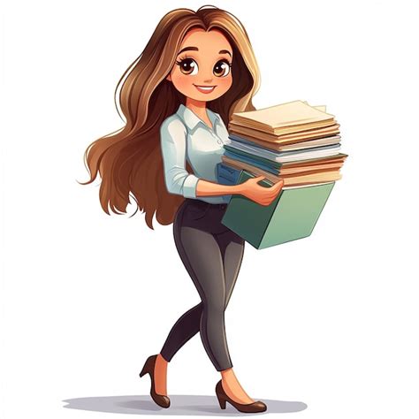Cartoon Girl Holding Stack Of Books Isolated On White Premium Ai