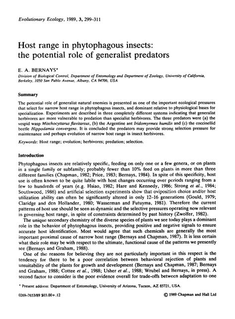 Pdf Host Range In Phytophagous Insects The Potential Role Of Generalist Predators
