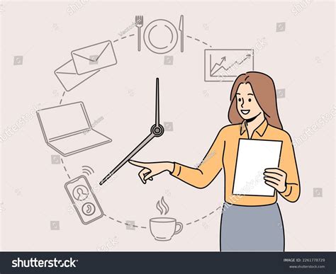 Smiling Businesswoman Clock Pointing Different Activities Stock Vector Royalty Free 2261778729