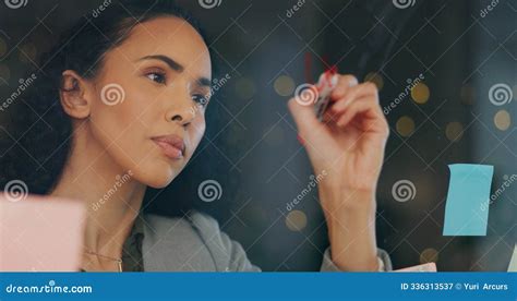 Business Woman Writing And Sticky Note For Planning Workflow Or
