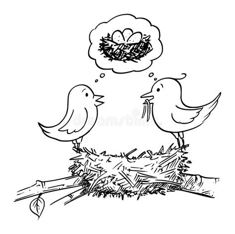 Vector Cartoon Illustration Of Couple Of Male And Female Birds Building Nest And Thinking