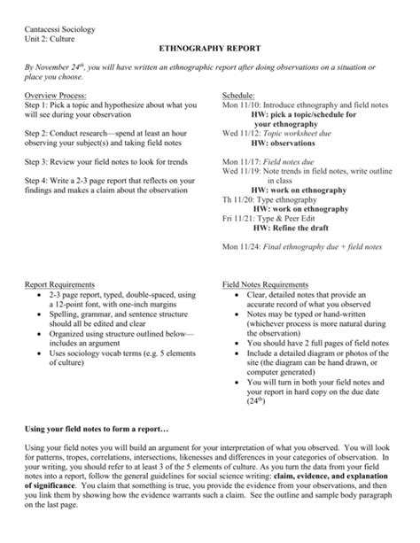 Sociology Ethnography Report Assignment Culture Unit