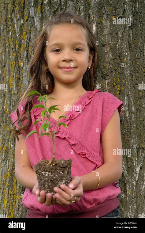 Seven Year Old Girl Holding Seedling Beside Tree Winnipeg Canada Stock Photo Alamy