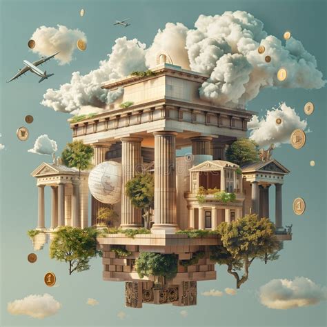 Classical Architecture With Trees And A Globe Is Floating On Clouds