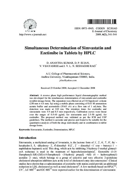 Pdf Simultaneous Determination Of Simvastatin And Ezetimibe In