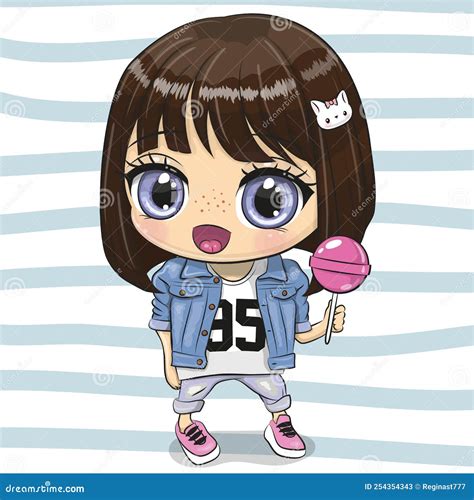 Cartoon Anime Girl In A Denim Jacket Stock Vector Illustration Of