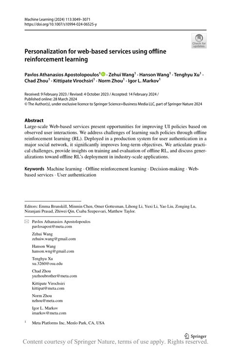 Personalization For Web Based Services Using Offline Reinforcement