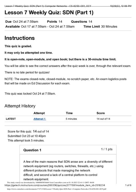 Lesson 7 Weekly Quiz Sdn Part 1 Computer Networks Cs 6250 O01 Ocy Georgia Institute Of